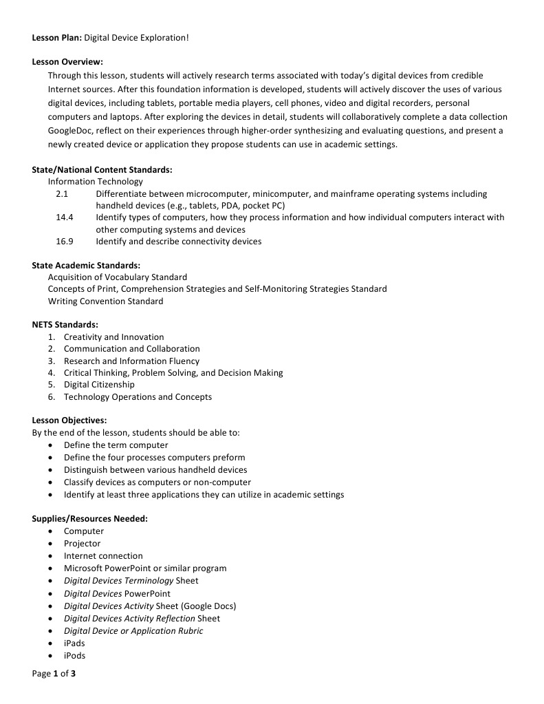 Digital Device Exploration Lesson Plan | PDF | Personal Computers ...