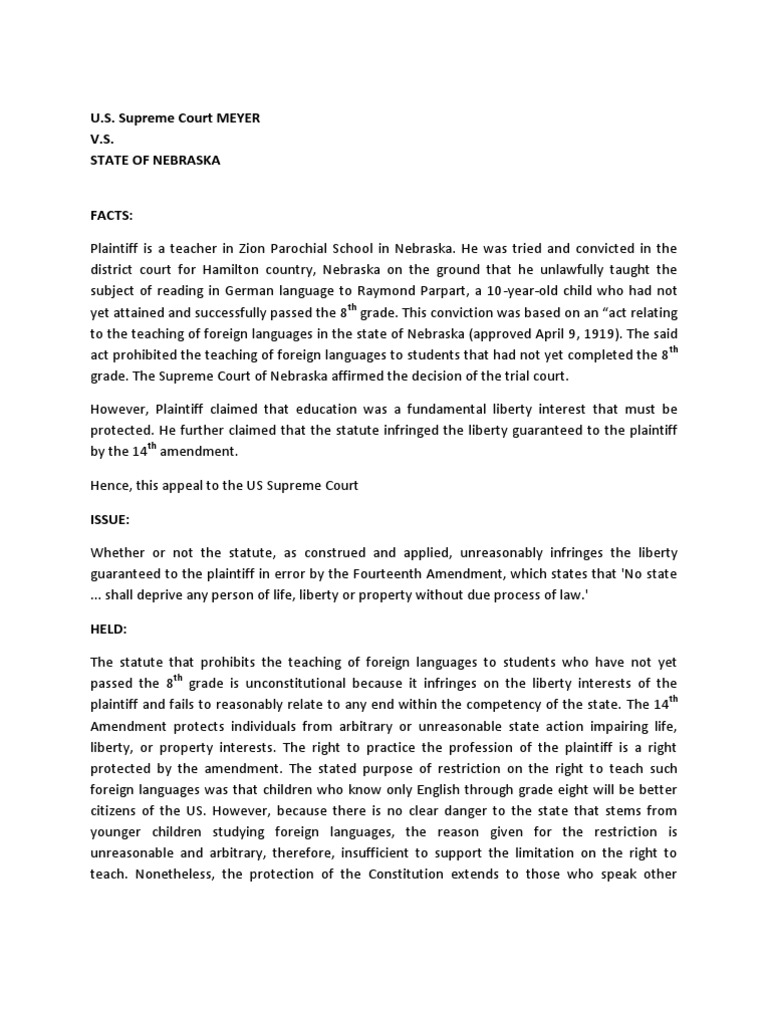 Meyer Vs Nebraska | PDF | Fourteenth Amendment To The United States ...