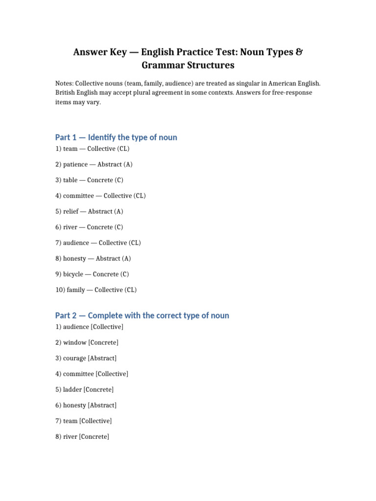 English Practice Test Nouns and Grammar Answer Key | PDF