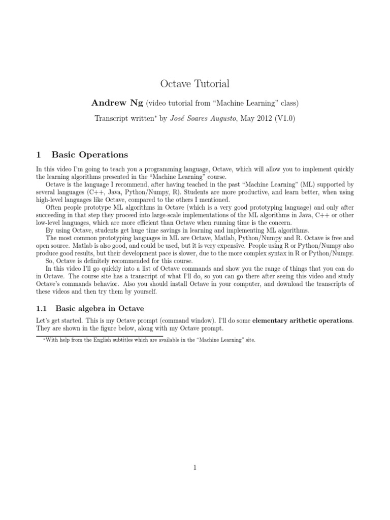 Octave Tutorial: Andrew NG | PDF | Matrix (Mathematics) | Numerical Analysis