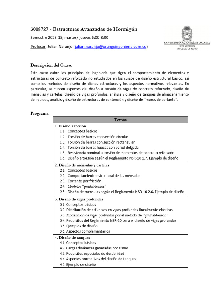 Programa Temático - Estructuras Avanzadas de Hormigón 2023 JULIAN ...