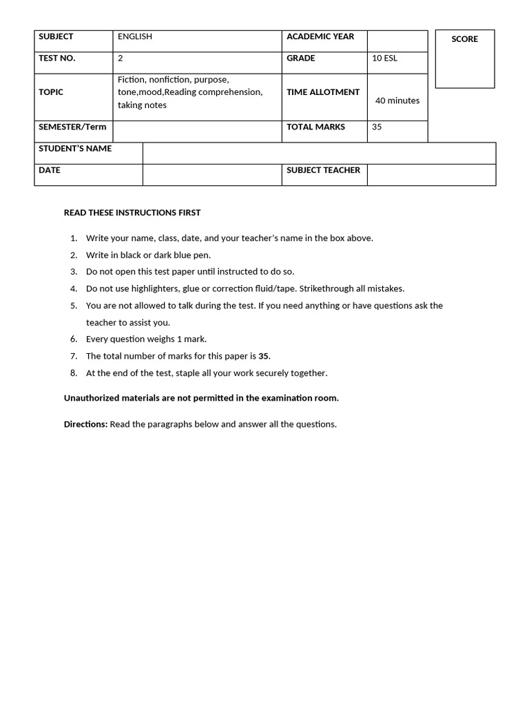 G10 Esl Test 2 | PDF | Pride And Prejudice | Social Security (United ...