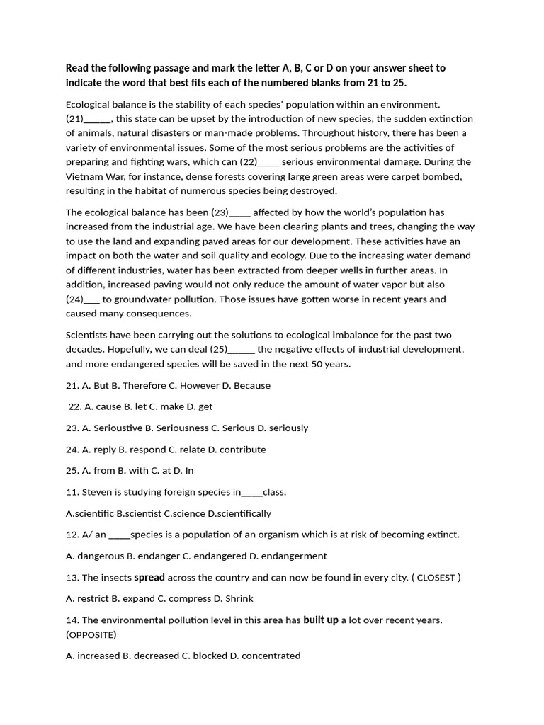 Read The Following Passage and Mark The Letter A | PDF | Biodiversity ...
