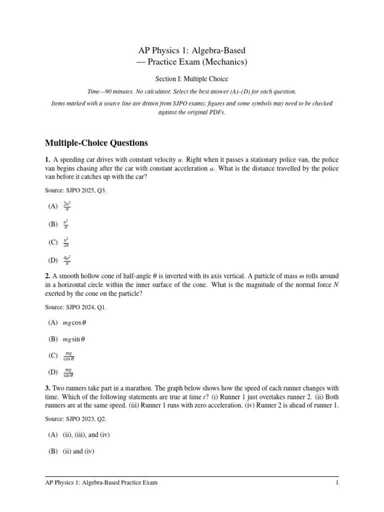 Multiple-Choice Questions: AP Physics 1: Algebra-Based - Practice Exam ...