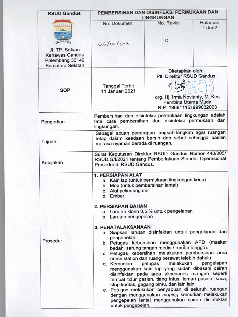 5.a.1 Sop Pembersihan Dan Disinfeksi Permukaan Dan Lingkungan | PDF
