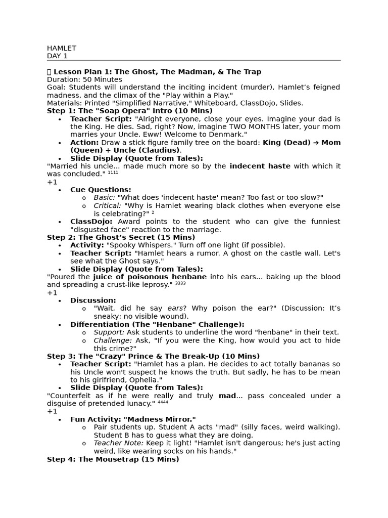 HAMLET Lesson Plan | PDF