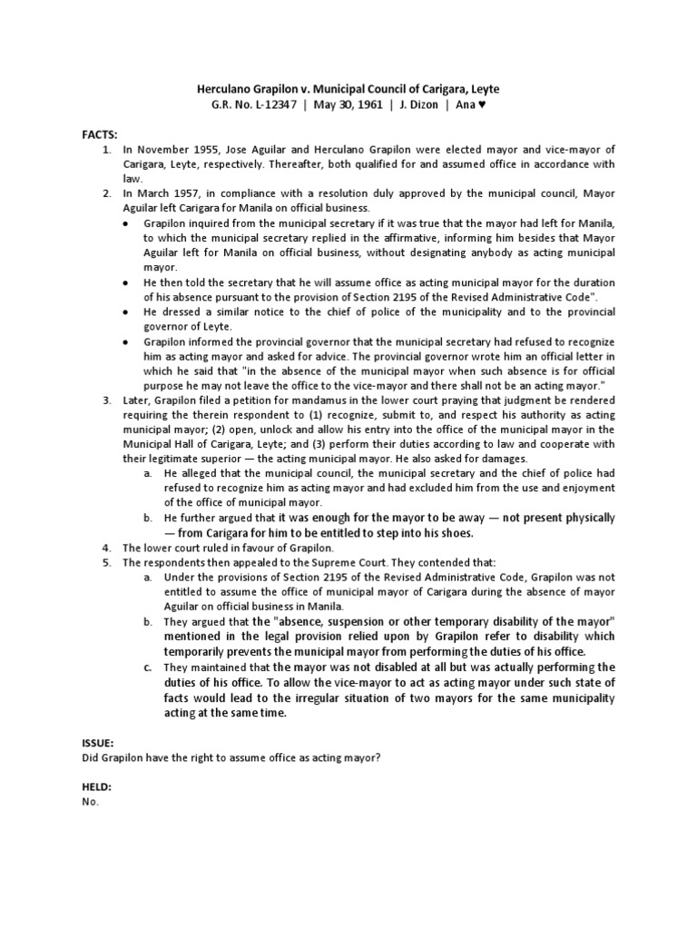 Grapilon's Claim as Acting Mayor Denied | PDF | Mayor | Statutory ...