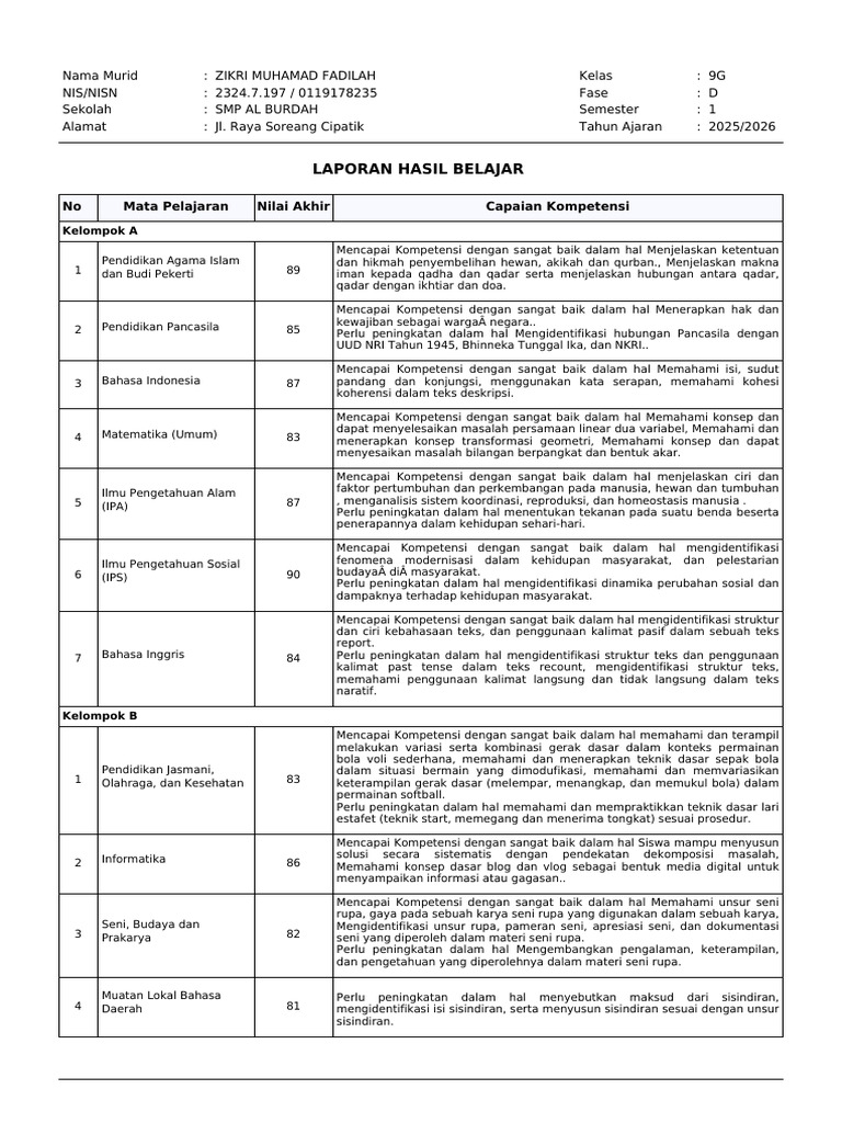 Rapor - Zikri Muhamad Fadilah | PDF
