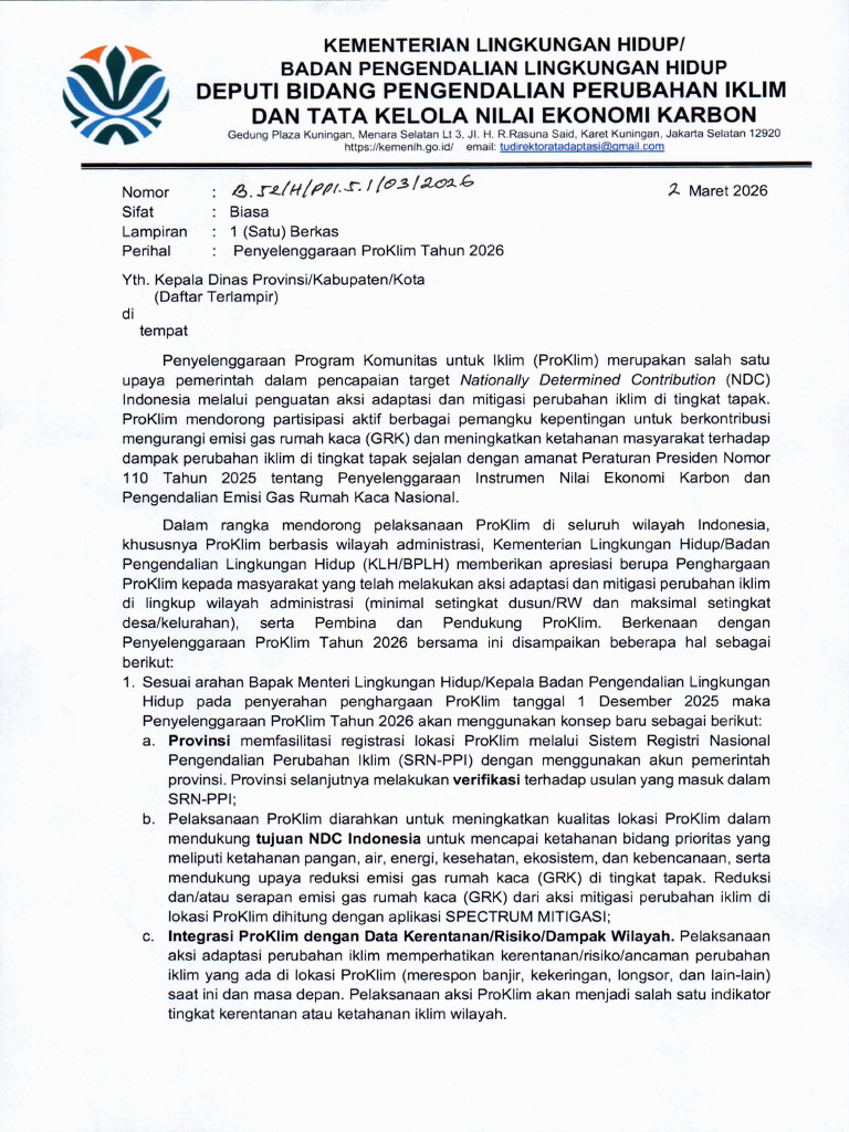 B.52 Penyelenggaraan ProKlim Tahun 2026. | PDF