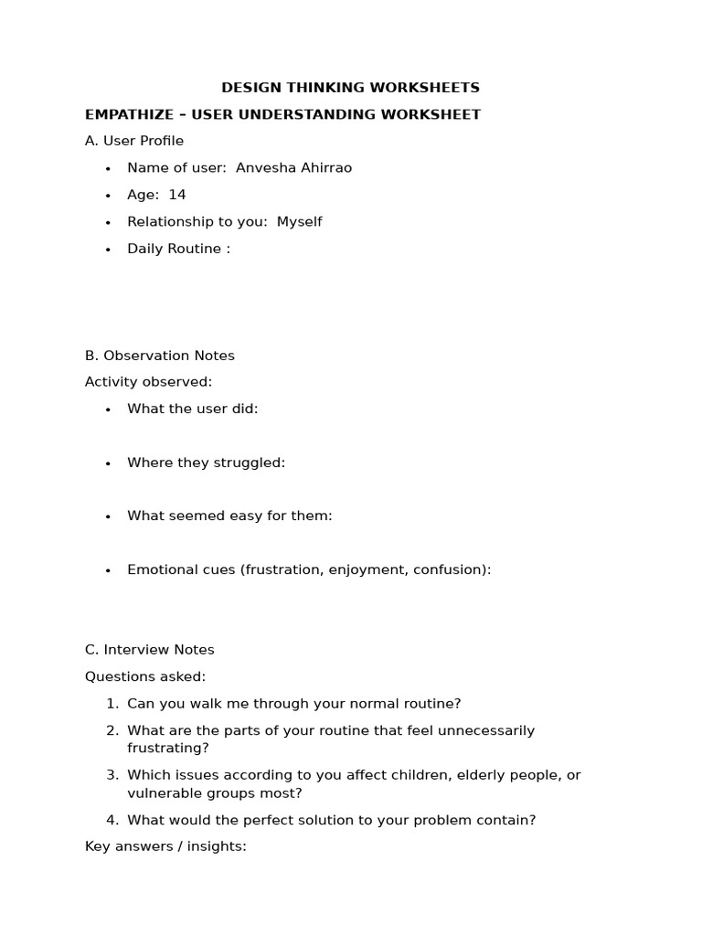 Design Thinking Worksheets | PDF | Prototype | Cognitive Science
