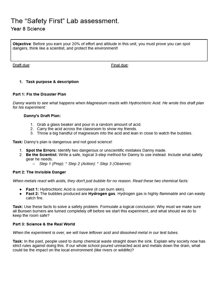 The Safety First Lab Assessment. | PDF | Science | Knowledge
