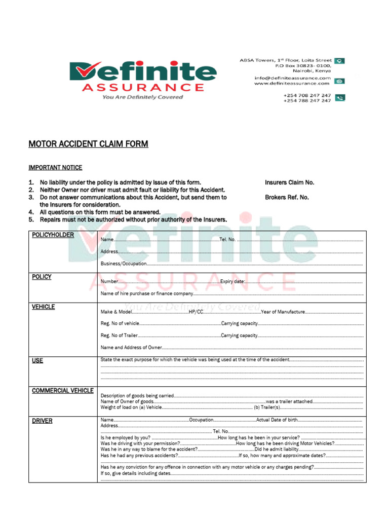 Motor Accident Claim Form | PDF | Insurance | Vehicles