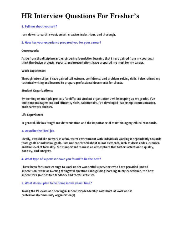 HR Interview Questions For Fresher | PDF | Leadership | Motivation