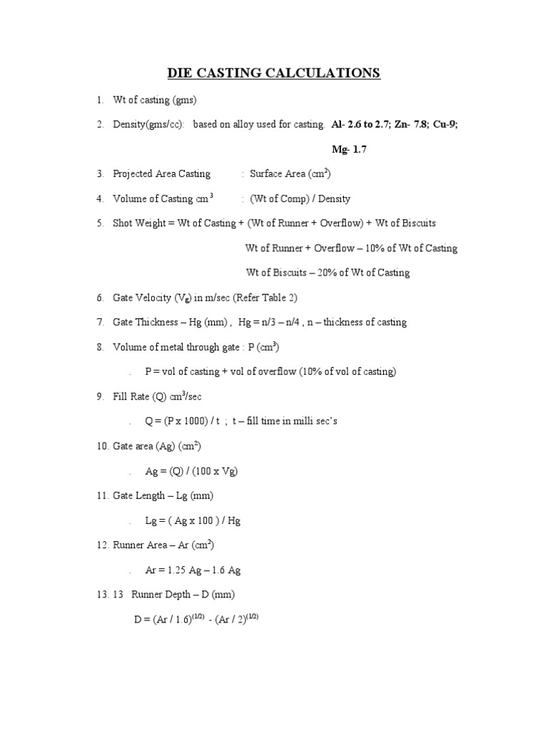 Die Casting Calculation | Download Free PDF | Casting (Metalworking ...
