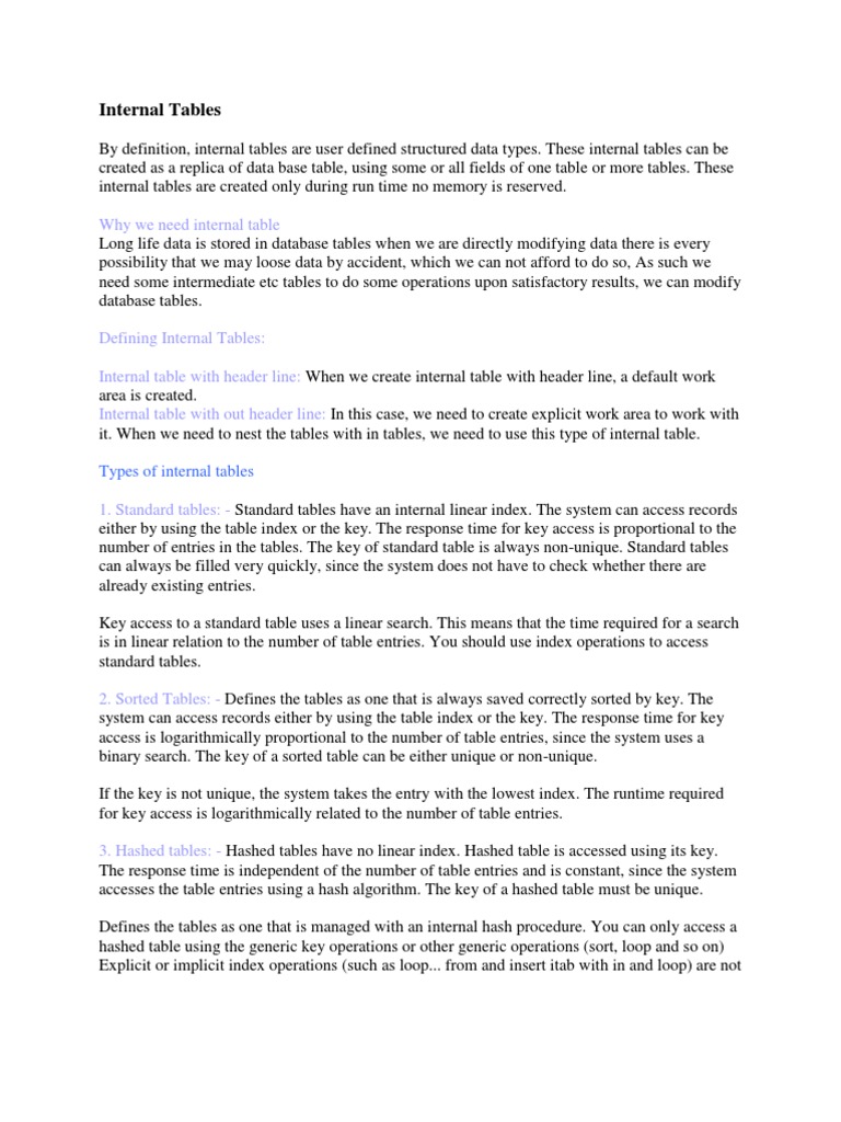 Internal Tables: Why We Need Internal Table | PDF | Database Index ...