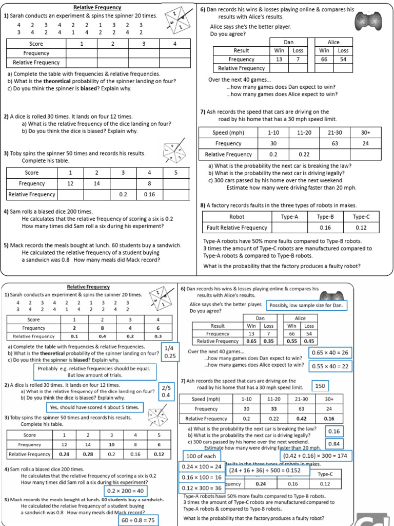Experimental Probability Worksheet | PDF