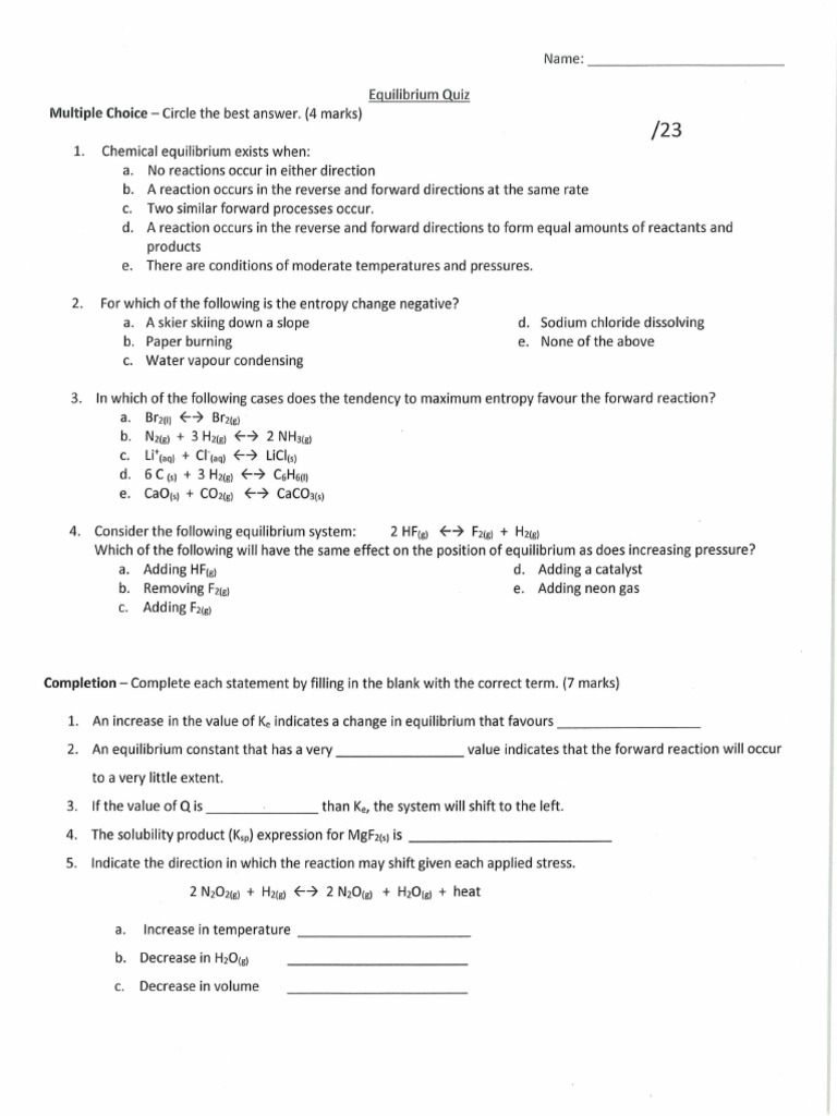 Practice Eqm Quiz | PDF | Chemical Equilibrium | Chemical Reactions