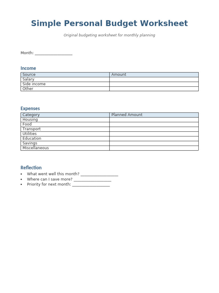 04 Simple Personal Budget Worksheet | PDF