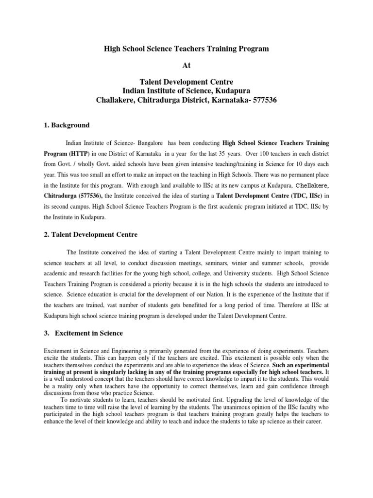 High School Science Teachers Training Program (Bangalore) | PDF ...