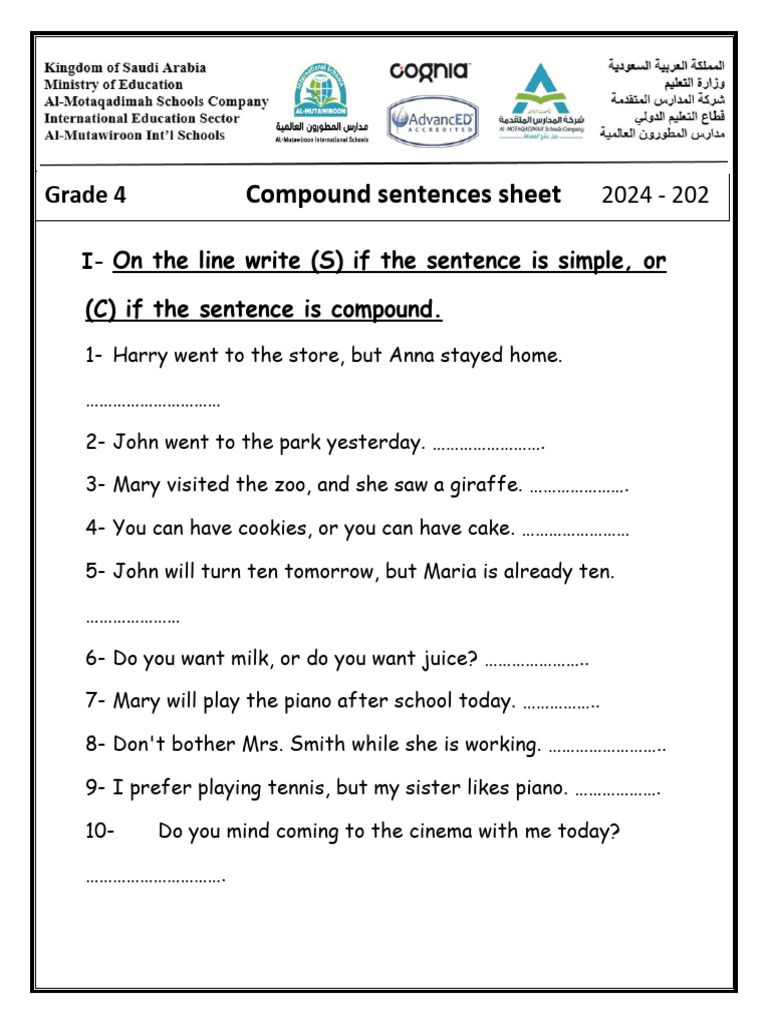 Compound Sentences Worksheet Grade 4 | PDF