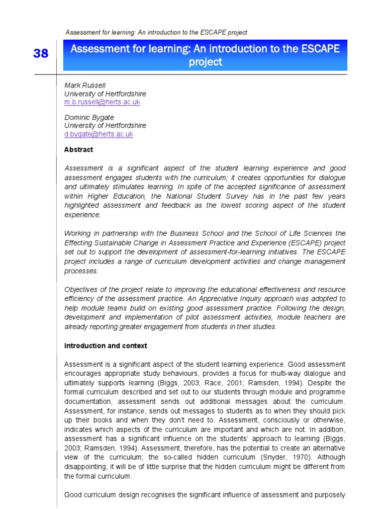 Assessment For Learning: An Introduction To The ESCAPE Project | PDF ...