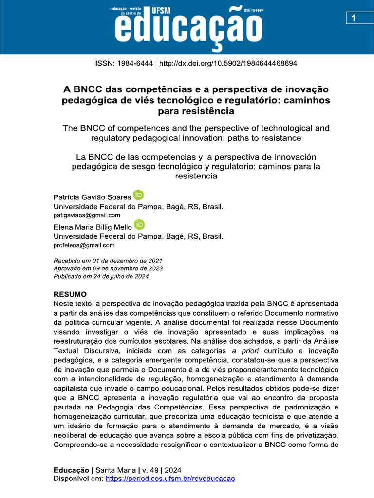 LOPES, Alice Casimiro MACEDO, Elizabeth. A BNCC Das Competências e A ...