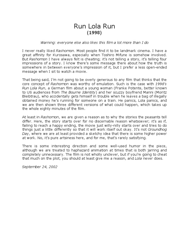 Run Lola Run Movie Review | PDF