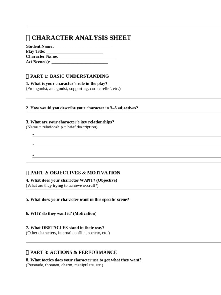 Character Analysis Sheet Word | PDF