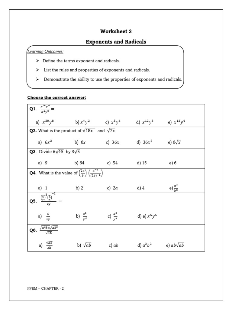 EM - Worksheet 3 - Exponents and Radicals | PDF | Mathematics | Arithmetic