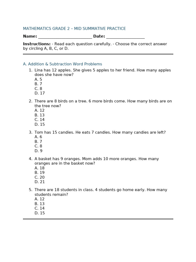 Worksheet Grade 2 Math Mid Assessment | PDF | Chess Theory | Chess