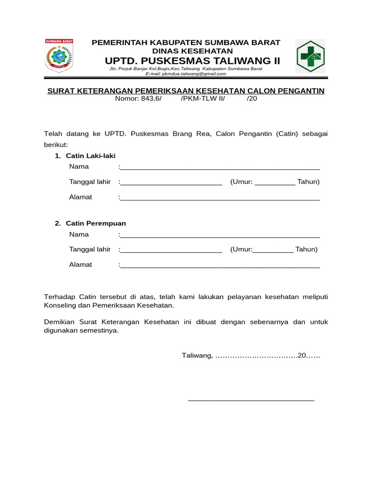 Surat Keterangan Catin PKM TALIWANG II | PDF