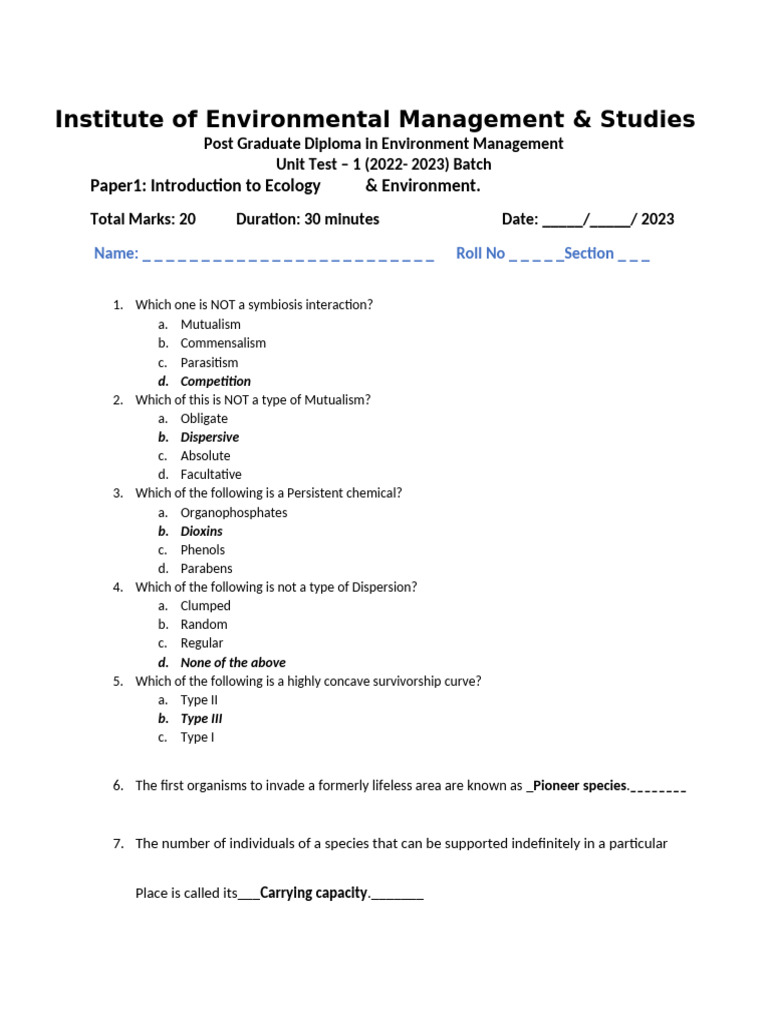 0 - Unit Test Paper 1 Ecology | PDF
