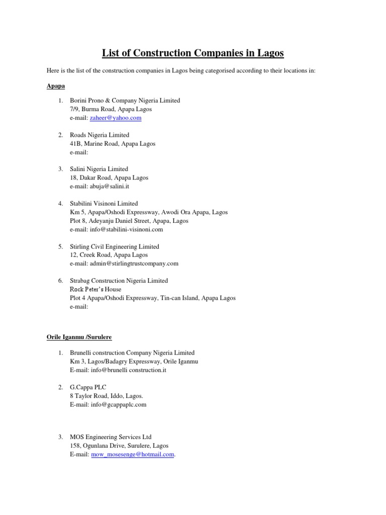 List of Contractors in Lagos | PDF