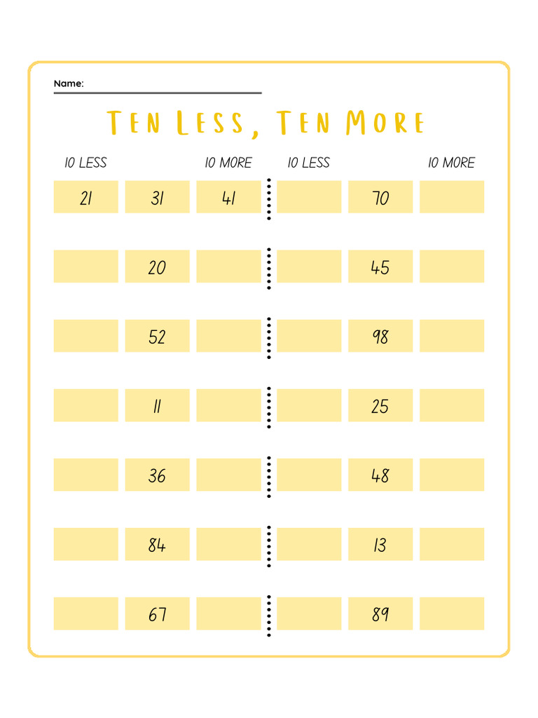 Ten Less Ten More Worksheet | PDF