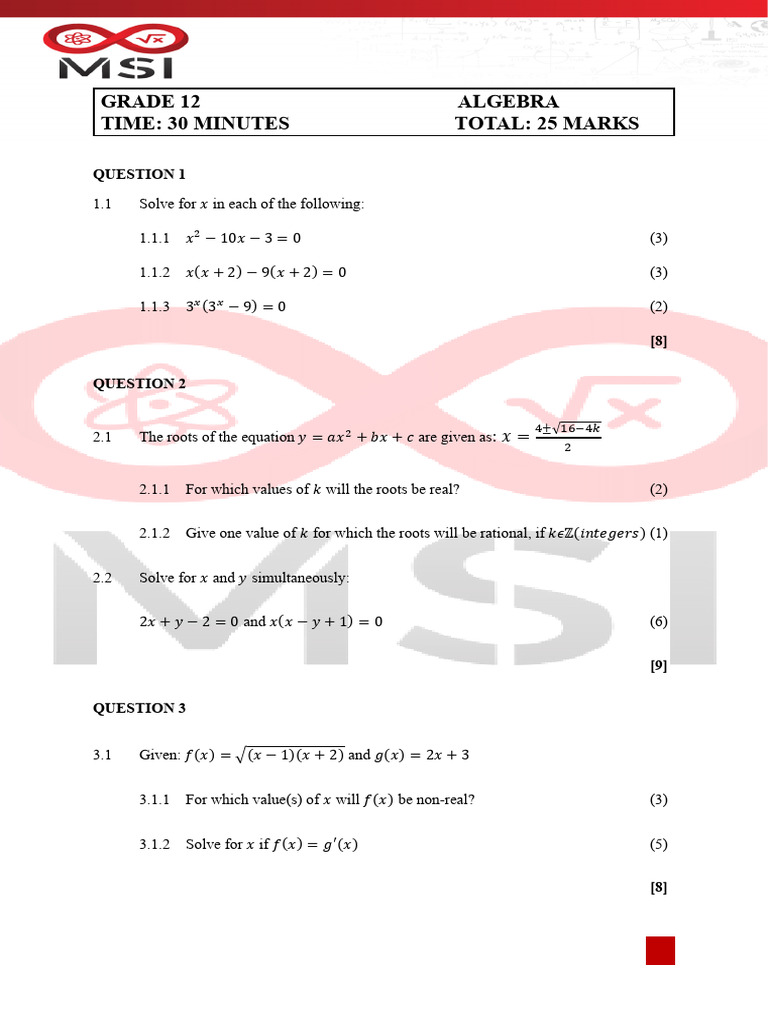 Grade 12 Algebra Test 1 260309 175540 | PDF