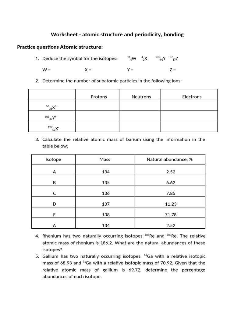 Practice Questions Atomic Structure, Chemical Bonding and Periodicity ...