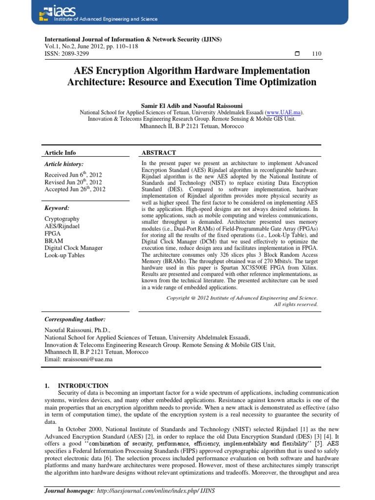 Aes Encryption Algorithm Hardware Implementation Architecture Resource And Execution Time