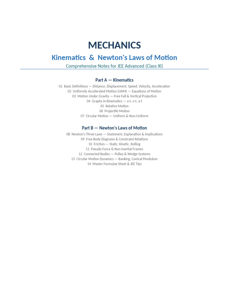 Mechanics Kinematics Newtons Laws Jee | PDF | Acceleration | Kinematics