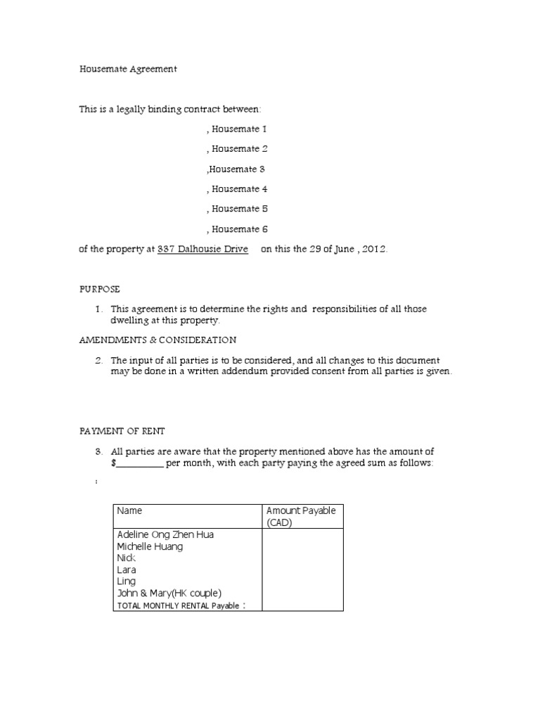 Housemate Agreement | PDF | Lease | Leasehold Estate