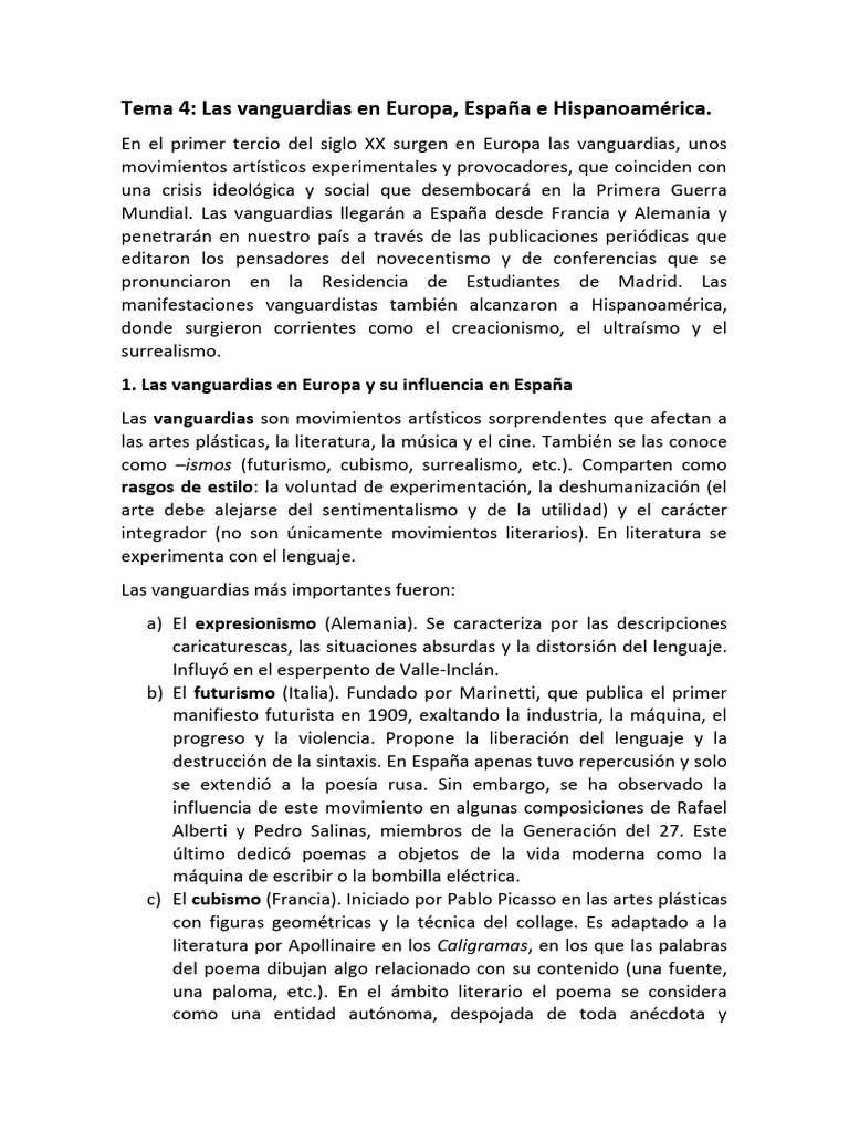 Tema 4. Las Vanguardias en Europa, España e Hispanoamérica | PDF ...