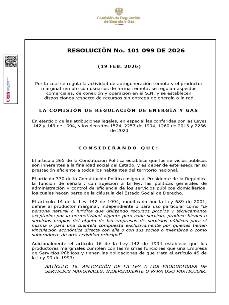 Resolución CREG 101 099 2026 | PDF