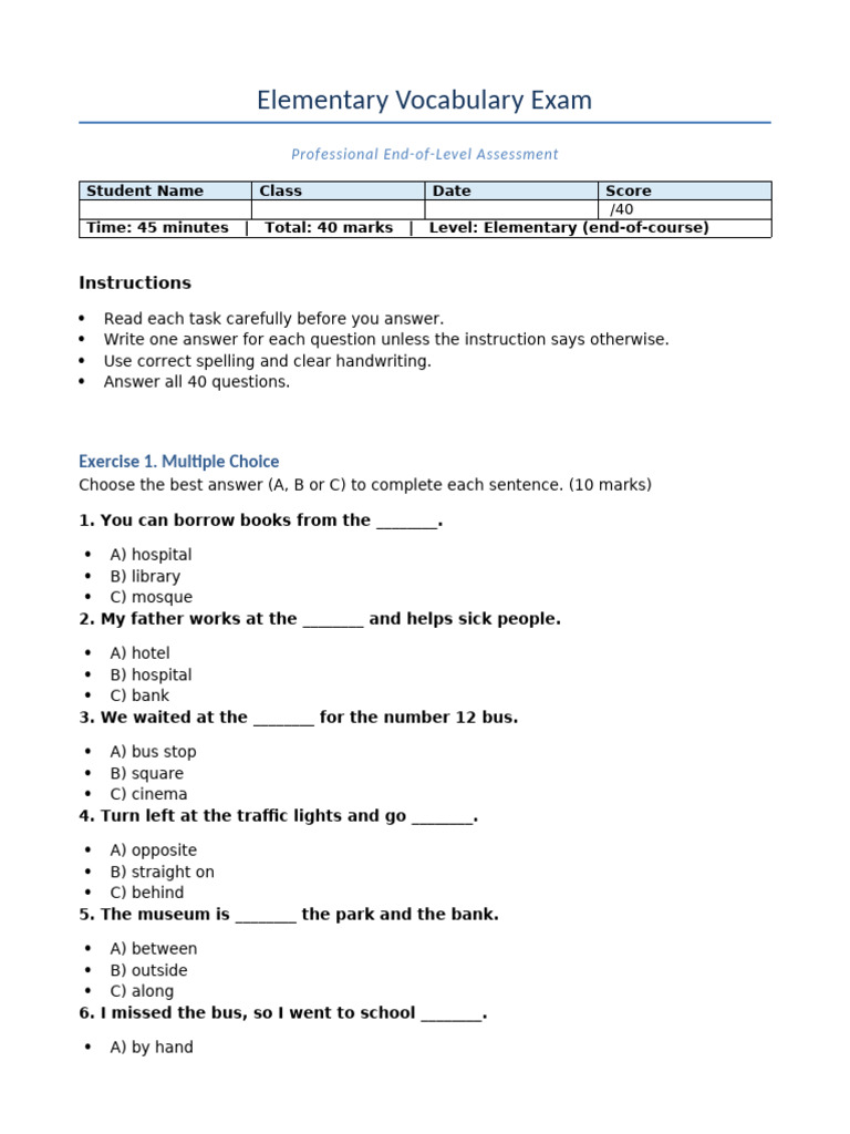 Elementary Vocabulary Exam Professional | PDF