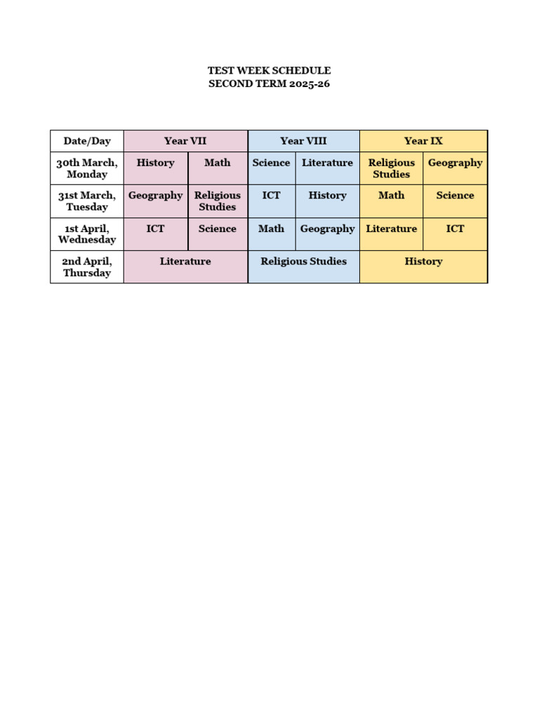 Test Week Schedule Second Term 2025-26 | PDF