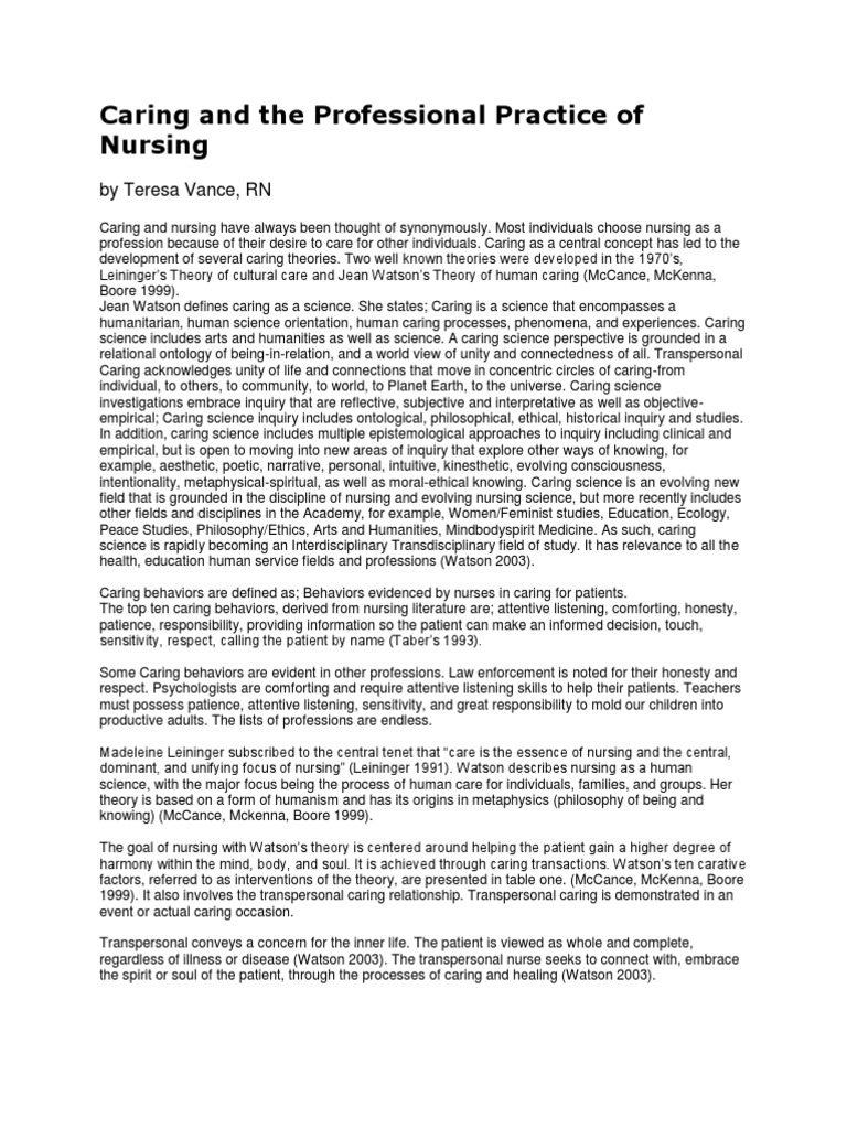 Caring and the Professional Practice of Nursing.docx | Theory | Nursing
