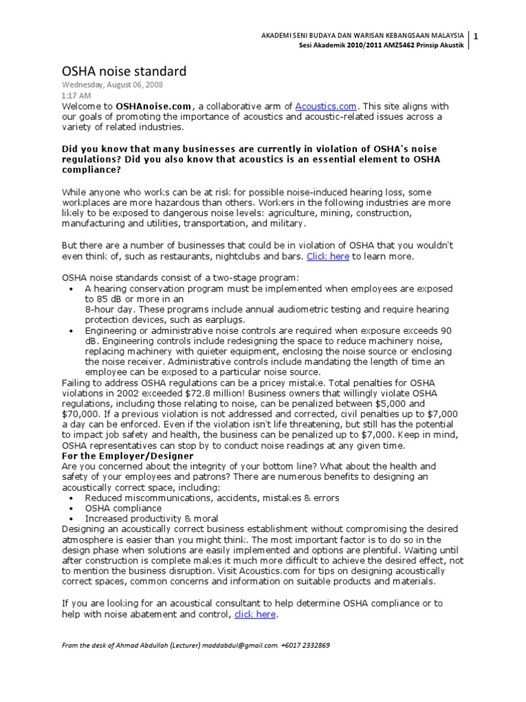 OSHA Noise Standard | Noise | Occupational Safety And Health Administration