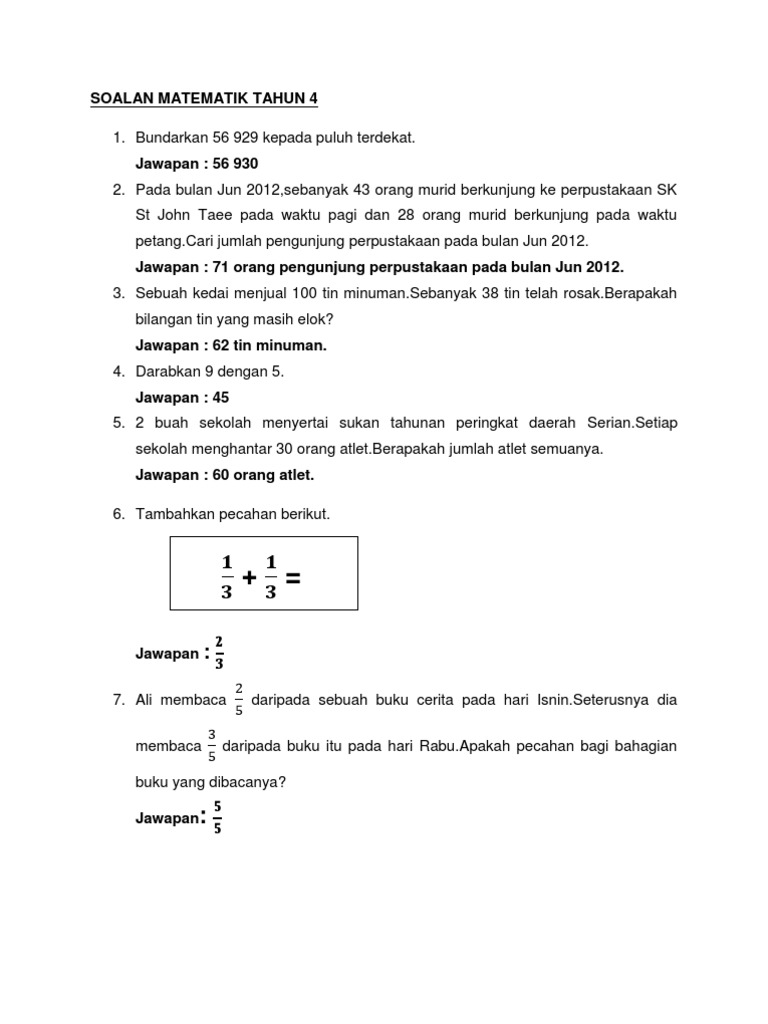 Soalan Kuiz Matematik Tahun 4 | PDF