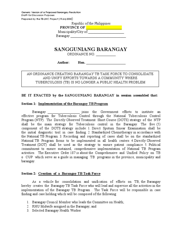 Sample Brgy Ordinance Creating TB Task Force | Tuberculosis | Health Care