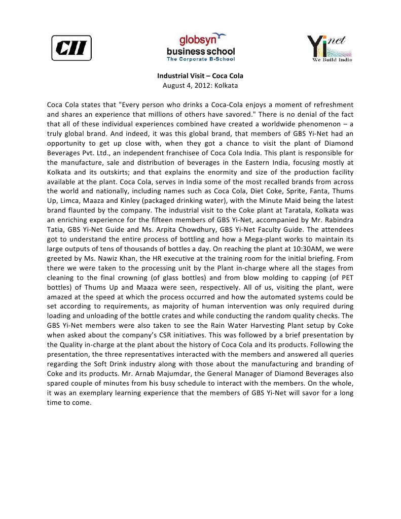 Industrial Visit - Coca Cola -- Report | Coca Cola | Cola