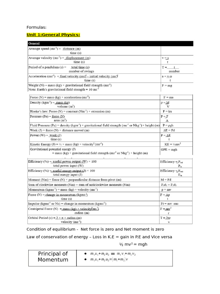 Formulas Grade 10 Physics | PDF