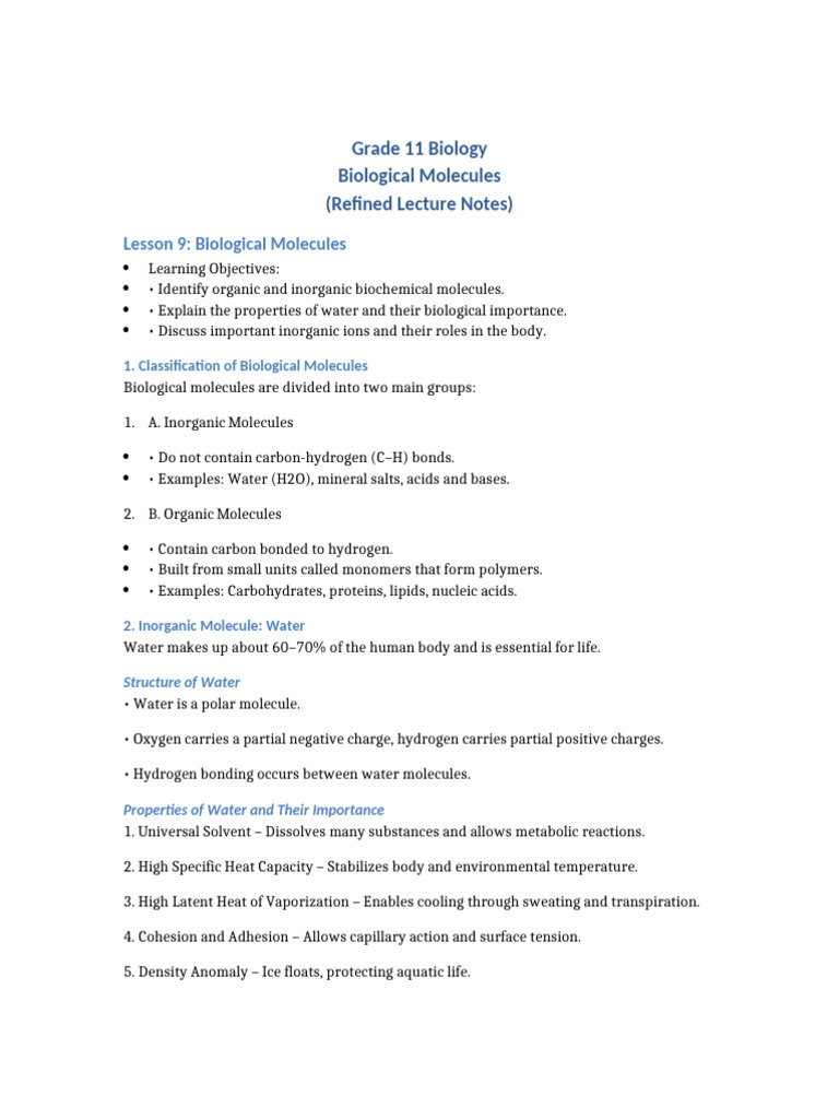 Grade 11 Biology Biological Molecules Refined Lecture | PDF | Water ...